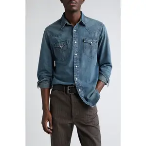 Double Rl Buffalo West Slim Fit Denim Western Snap-Up Shirt - Dark